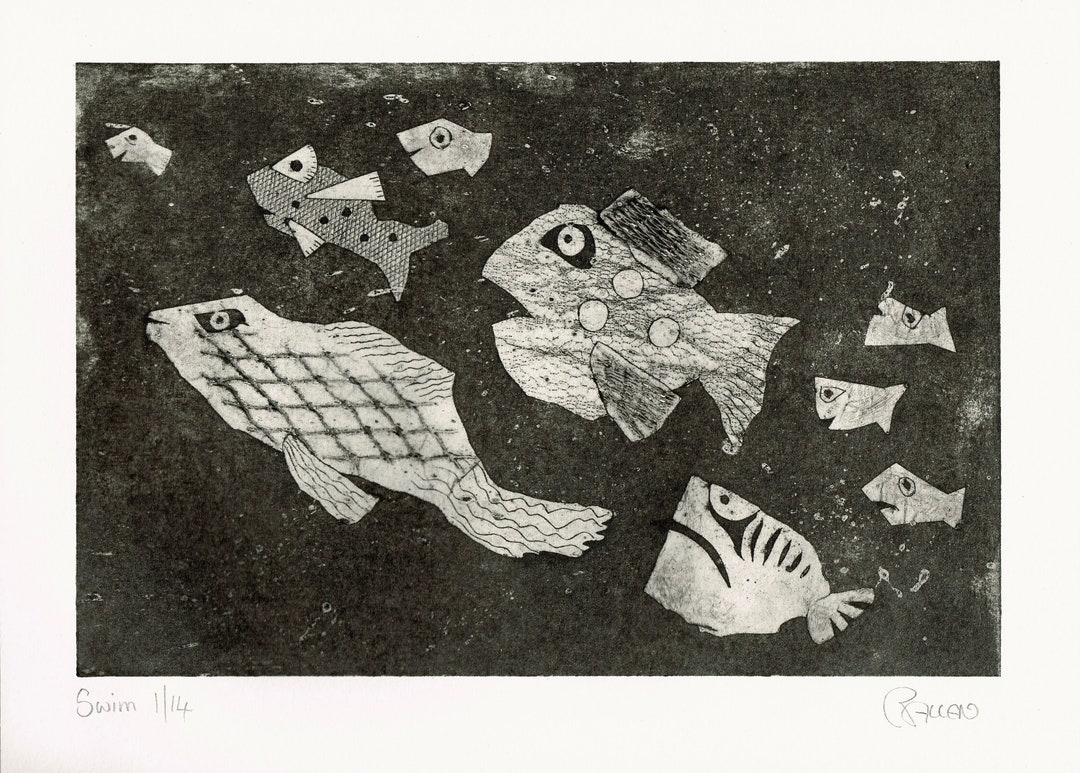 Hand Printed Dry Point Etching Collagraph Collograph Fish Print ' Swim ...