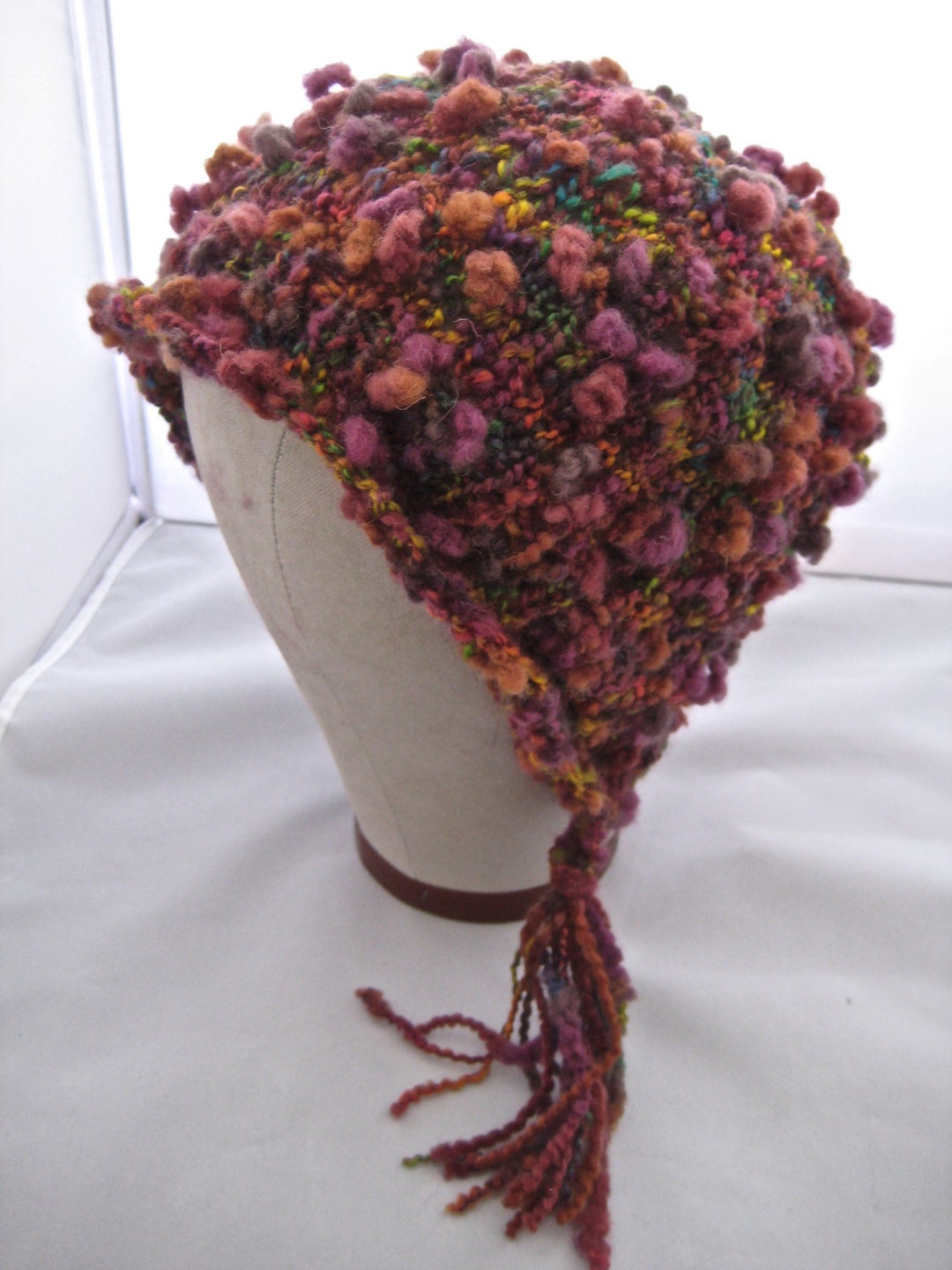 Maroon Knit Bonnet Handknit Tassled Hat Wool Knit Bonnet No Hat Hair ...