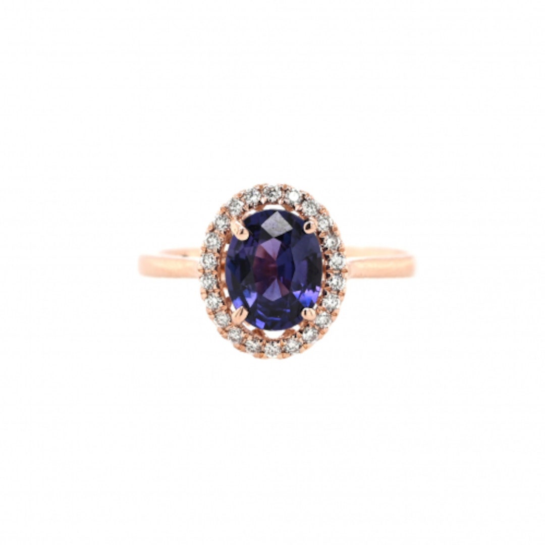 Purple Sapphire Oval 1.37 Carat Halo Ring With Accent Diamonds in 14k ...