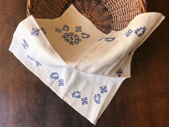 Vintage Hand Embroidered Square Table Scarf Blue Cross | Etsy
