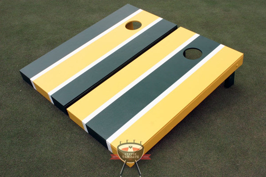 Painted Corn Hole Green and Yellow Alternating Long Stripe Cornhole ...
