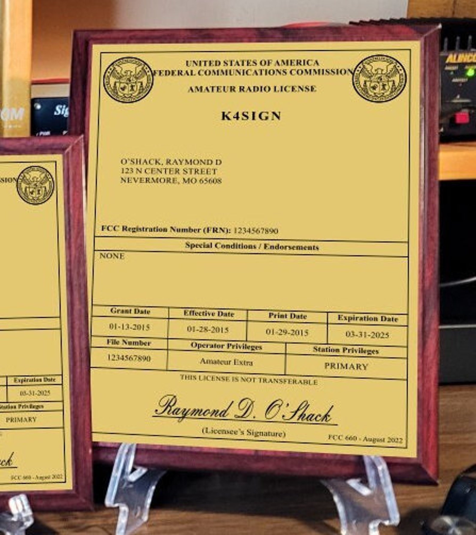 Amateur Radio License Plaque - Gold & Black on Mahogany - FCC Ham ...