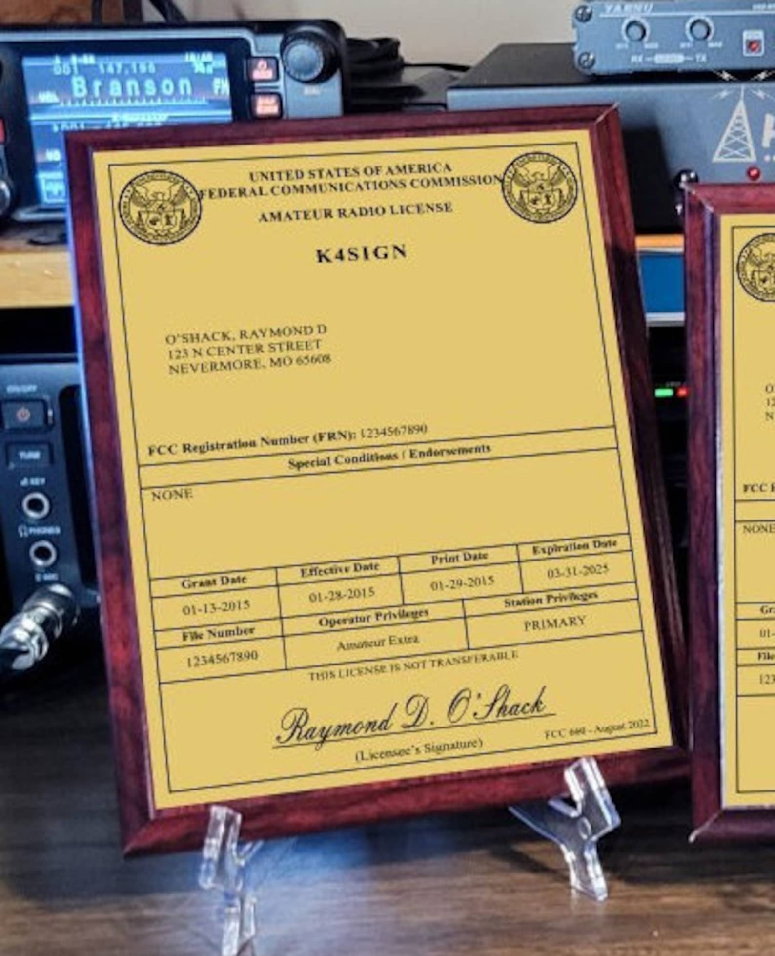 Amateur Radio License Plaque - Gold & Black on Mahogany - FCC Ham ...
