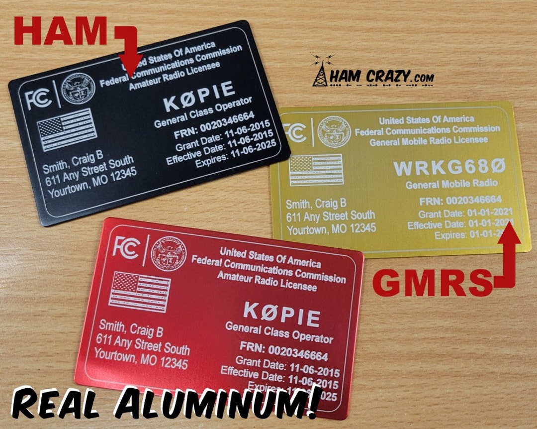 ALUMINUM 2 Sided FCC Ham & GMRS License Reference Copy Card - Amateur ...