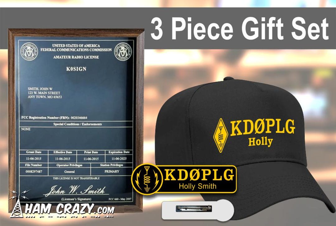 Ham Radio Call Sign Hat, Name Badge & Walnut FCC License Plaque Gift ...