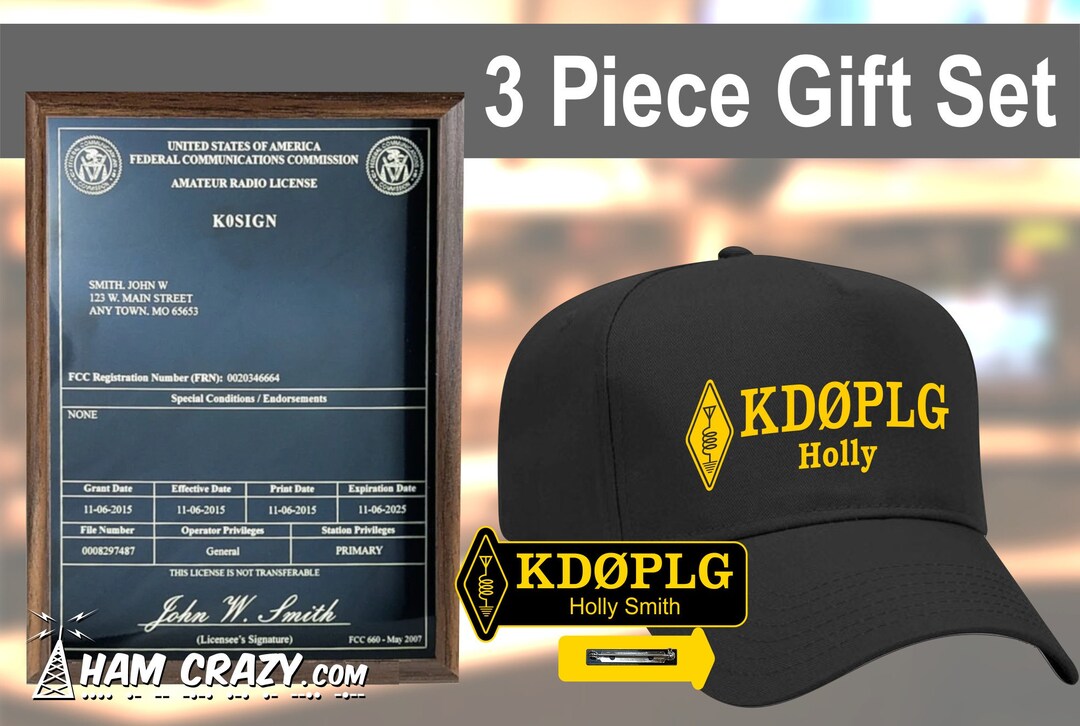 Ham Radio Call Sign Hat, Name Badge & Walnut FCC License Plaque Gift ...