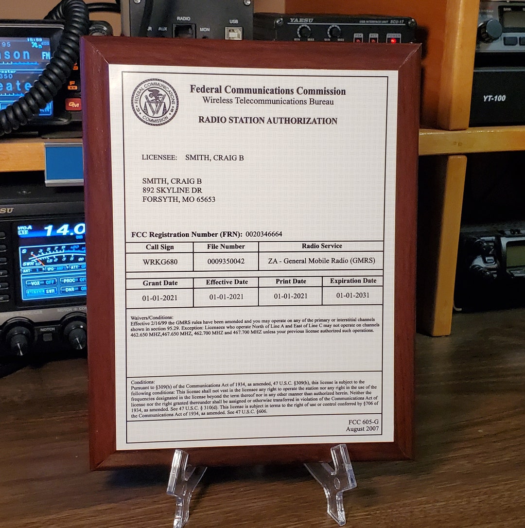 FCC GMRS License Plaque for General Mobile Radio Service Operators - Etsy