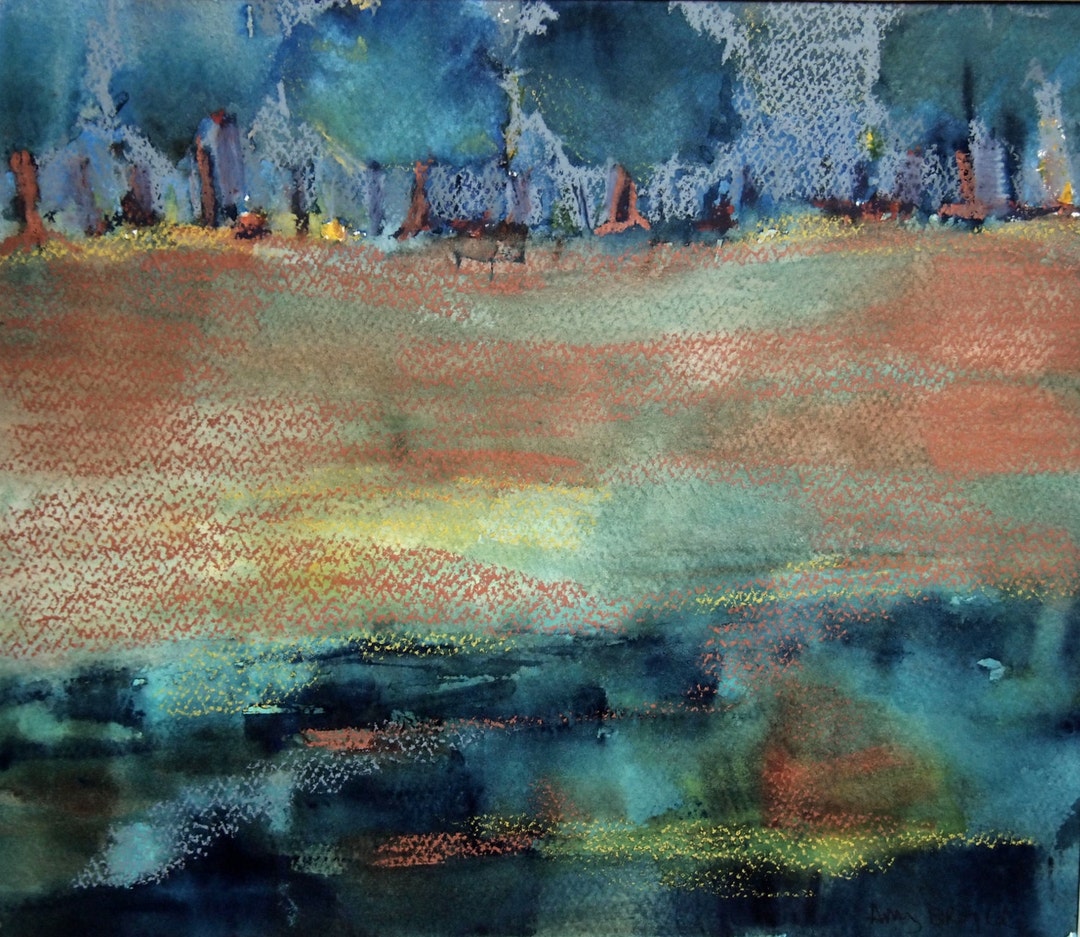 Abstract Watercolor Landscape With Crayon, Tree Art, Original Painting ...