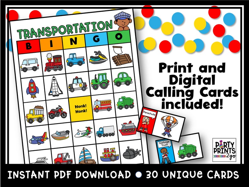 Transportation Bingo Printable Bingo Cards Bingo Cards for 30 Party ...
