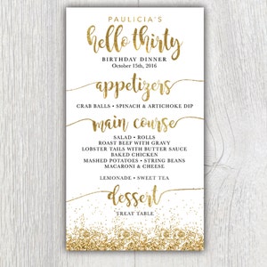 Printable Menu Card Gold Glitter Gold Lettering Birthday Party Menu ...