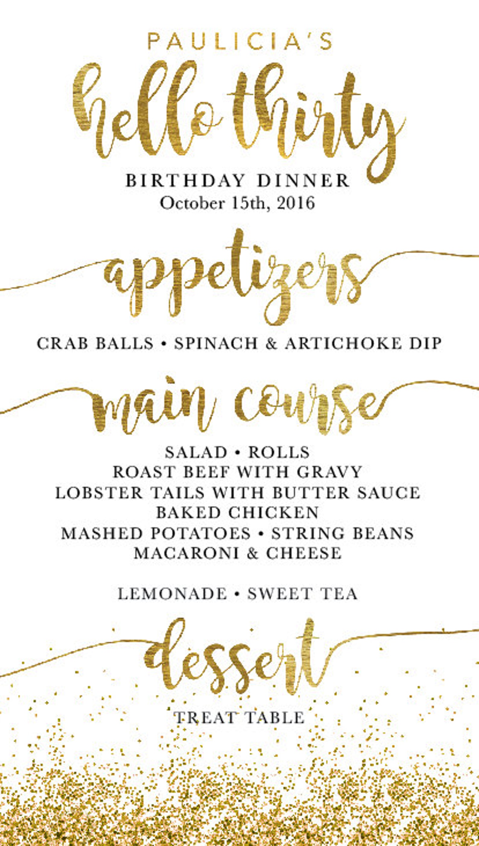 Printable Menu Card Gold Glitter Gold Lettering Birthday - Etsy