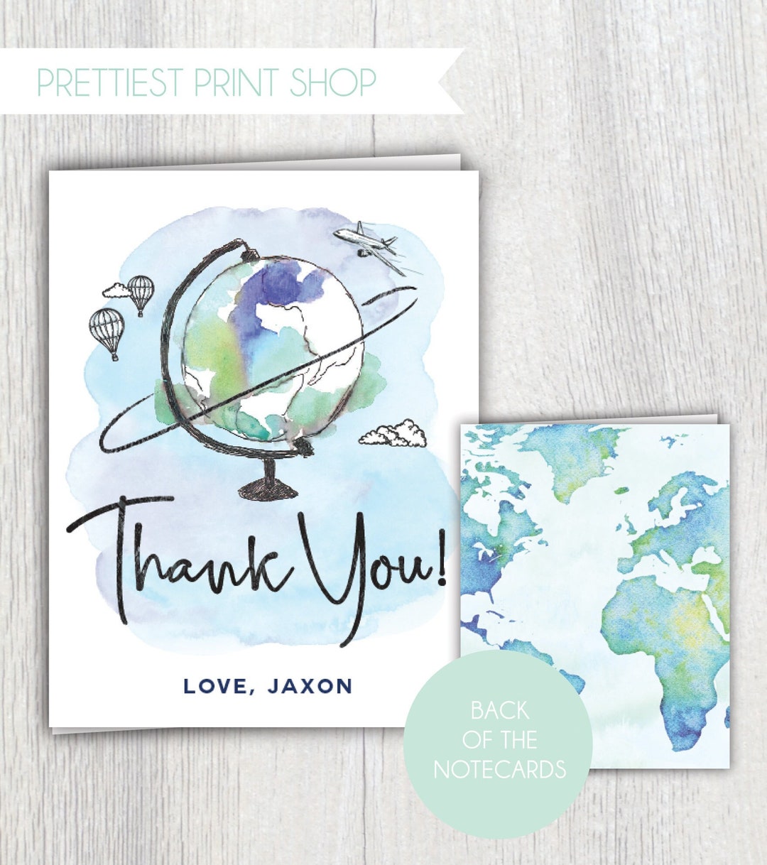 Onederful World Thank You Cards Globe Hot Air Balloon Airplane Travel ...