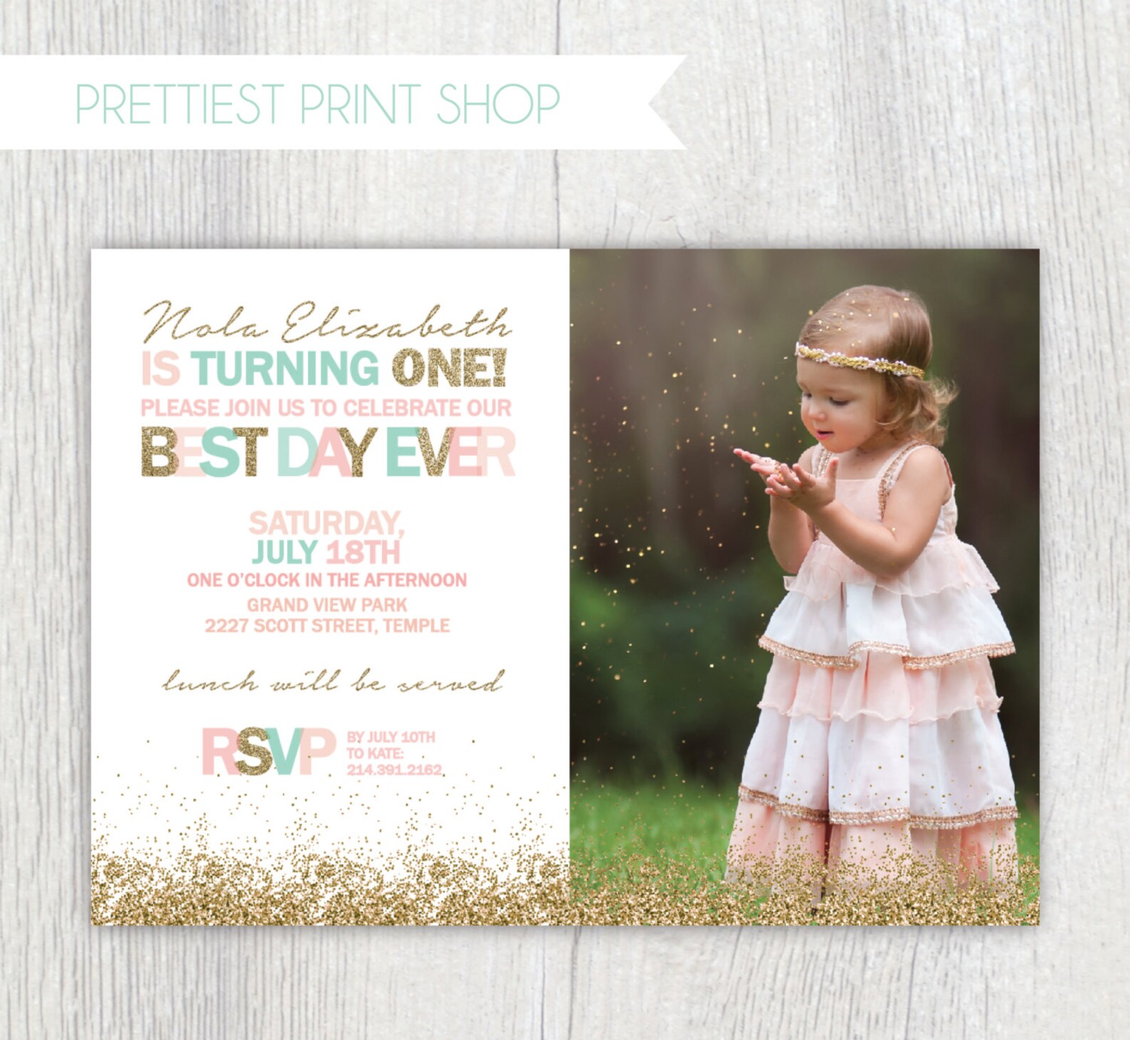 Printable Gold Glitter Invitation Pink Mint and Gold Best - Etsy