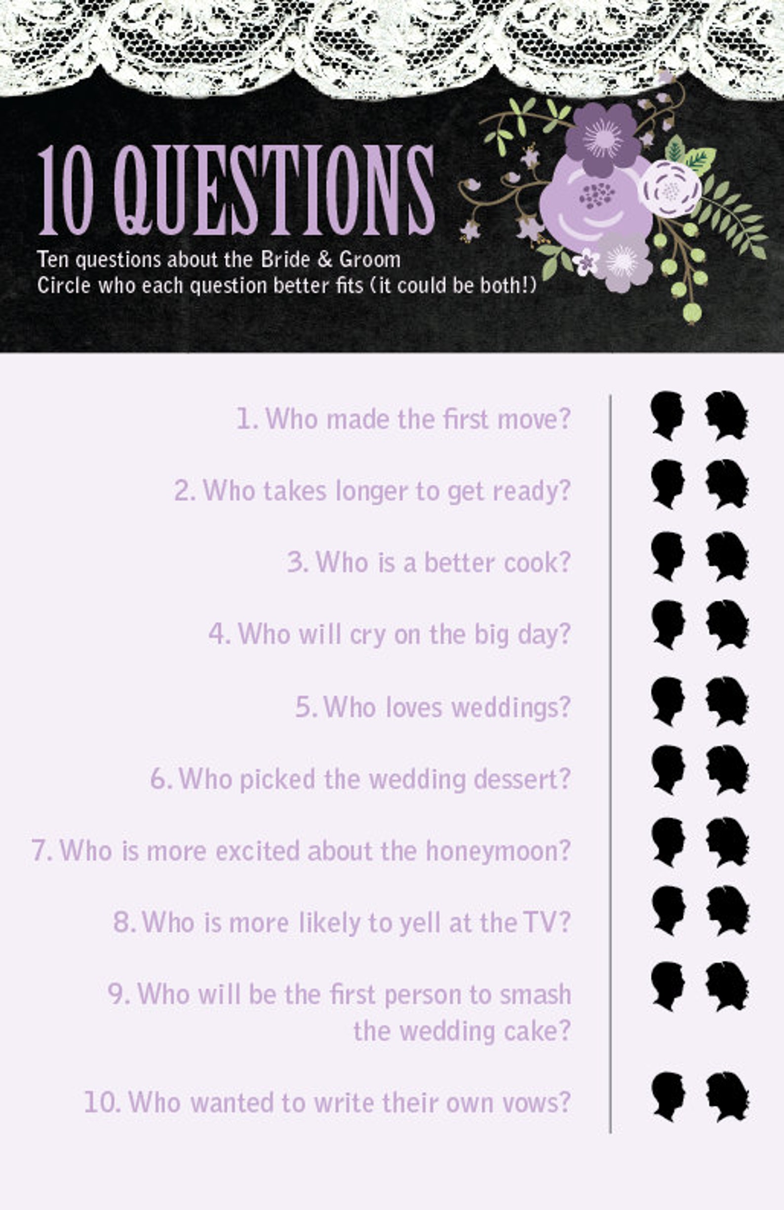 Printable Bridal Shower Game Sheets Ten Questions Game - Etsy Canada