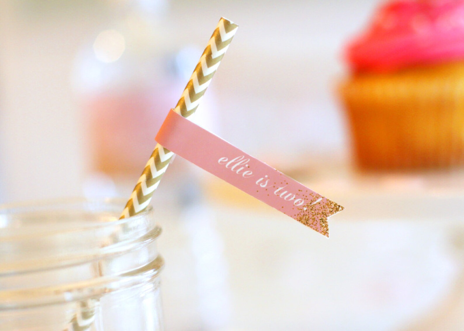 Pink and gold glitter straw tags Straw flags She leaves a | Etsy