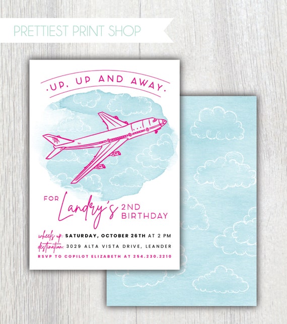 Printable Girlie Airplane invitation - Up Up and Away - Clouds - Pink ...