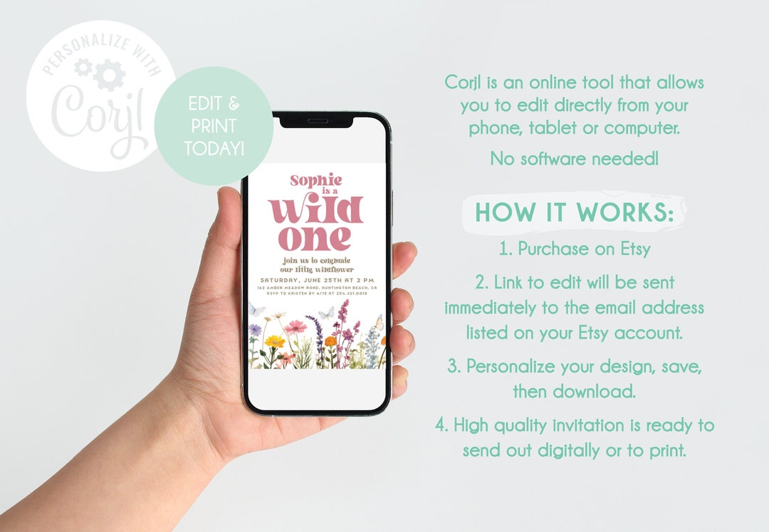 EDITABLE TEMPLATE Wildflower First Birthday Invitation Wild One Girl ...