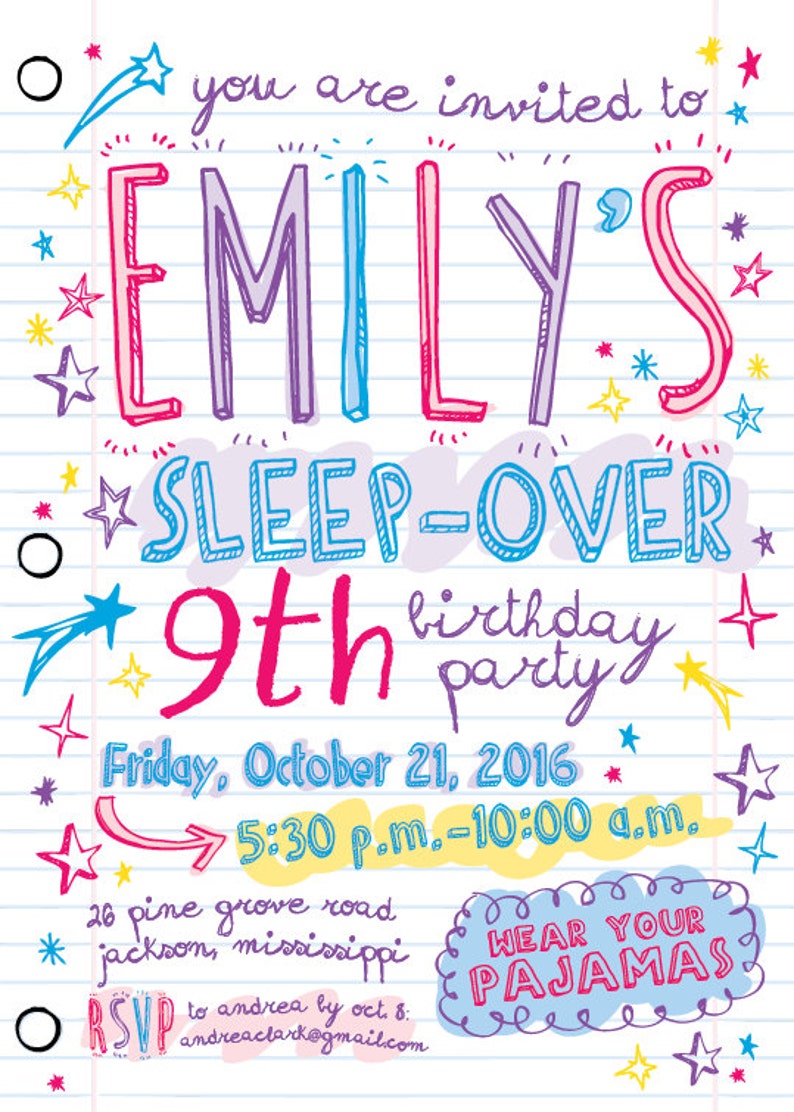 Girls Slumber Party Notebook Paper Doodles Invitation Girl Birthday 9th