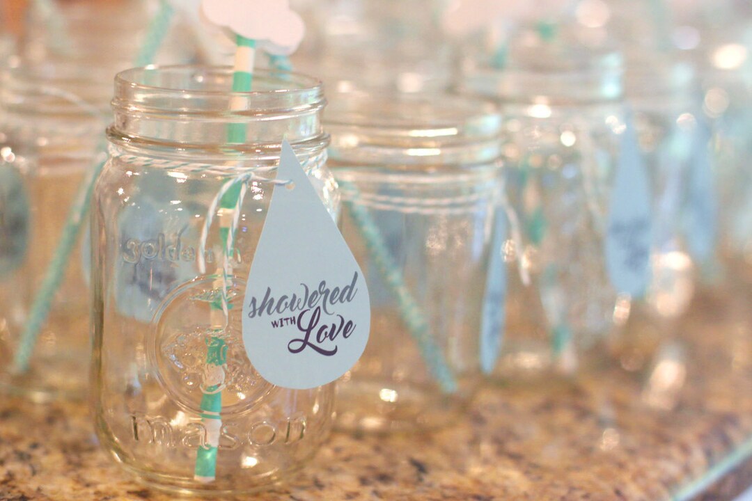 Printable Raindrop Party Tags Showered With Love Baby Shower Drink Tags ...