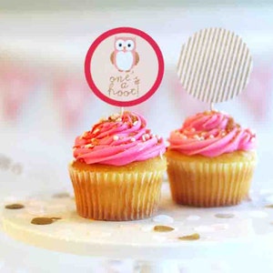 Printable Cupcake Toppers Party Circles Owl Party Pink and Gold Glitter ...
