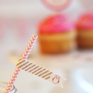 Printable Straw Tags Straw Flags Owl Party Pink and Gold Glitter Party ...
