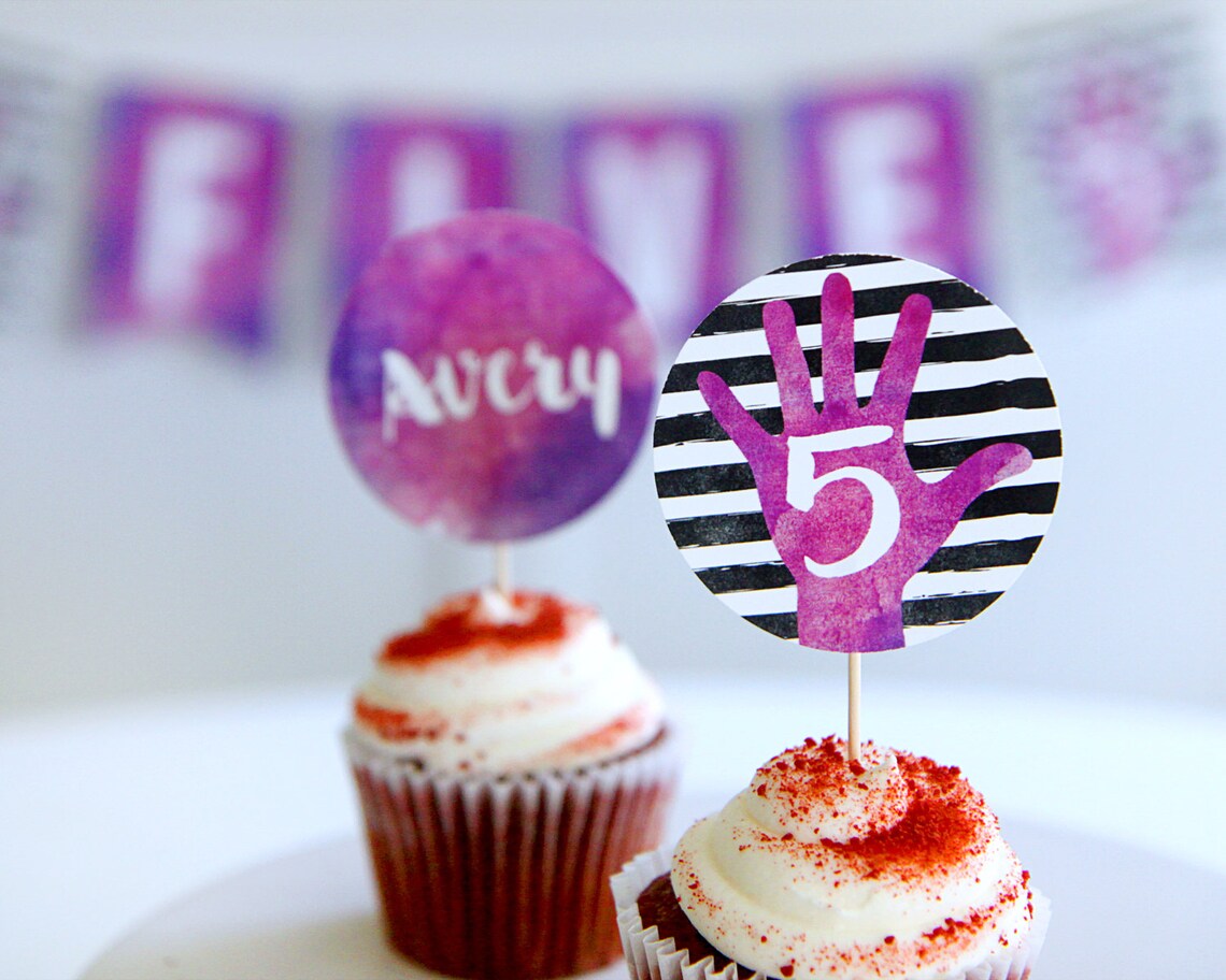 High Five Birthday Cupcake Toppers Watercolor Hand Black - Etsy