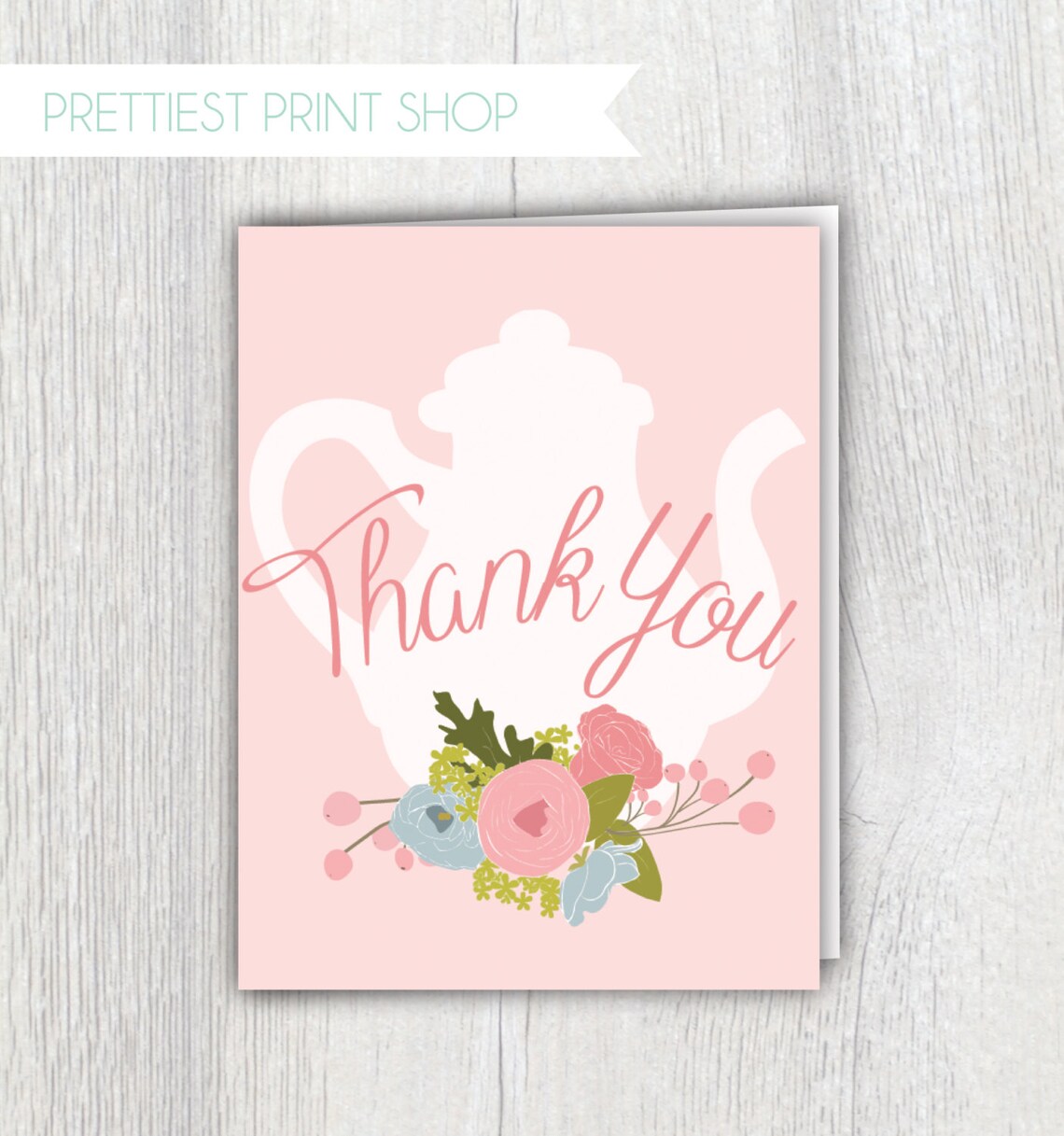 Printable Tea Party Thank You Card Tea Pot Pink Floral | Etsy