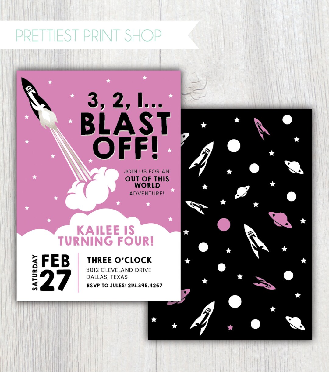 Printable Rocket Birthday Invitation 3 2 1 Blast off Girl Galaxy Moon ...