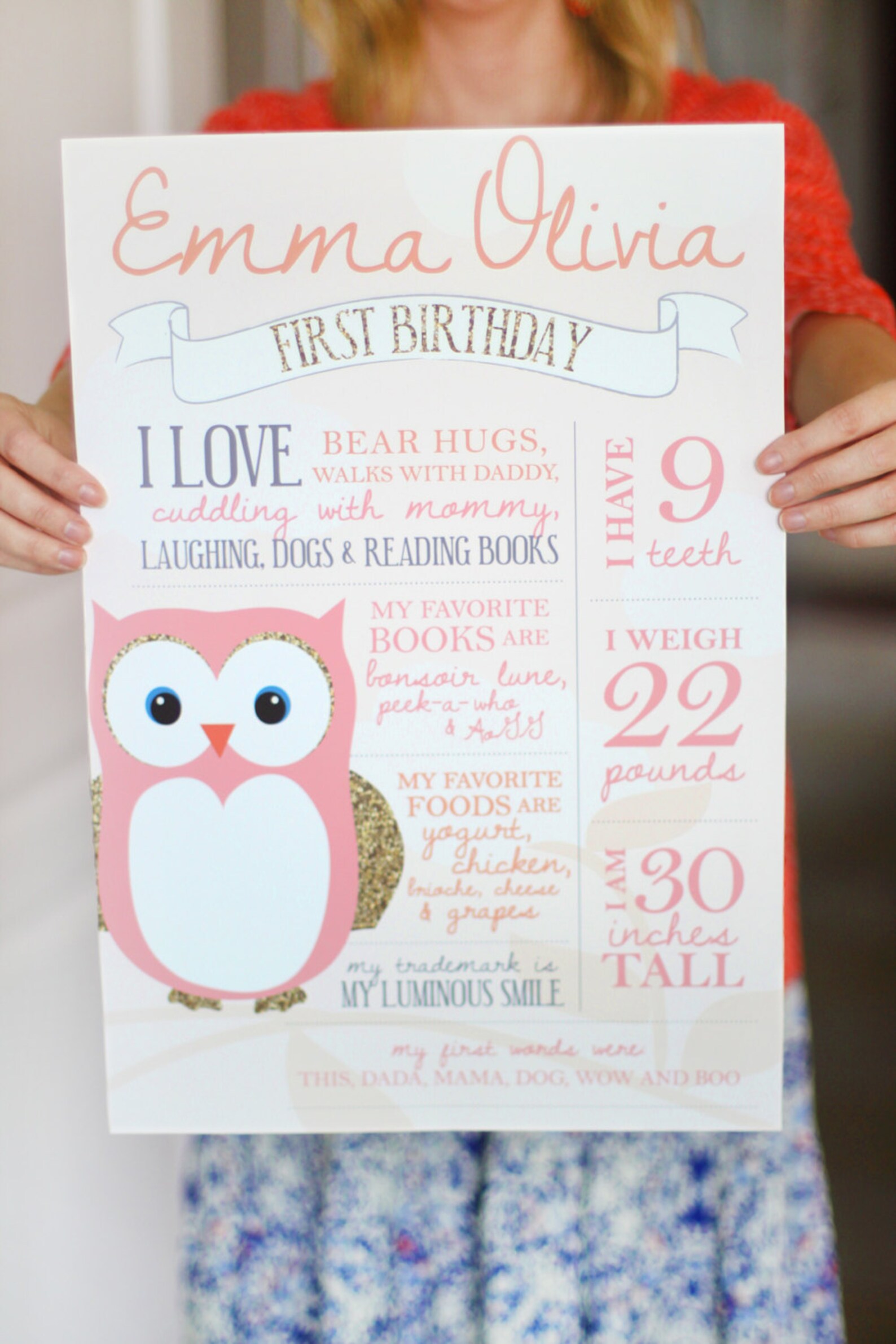 Birthday facts poster Owl party Pink and gold party | Etsy
