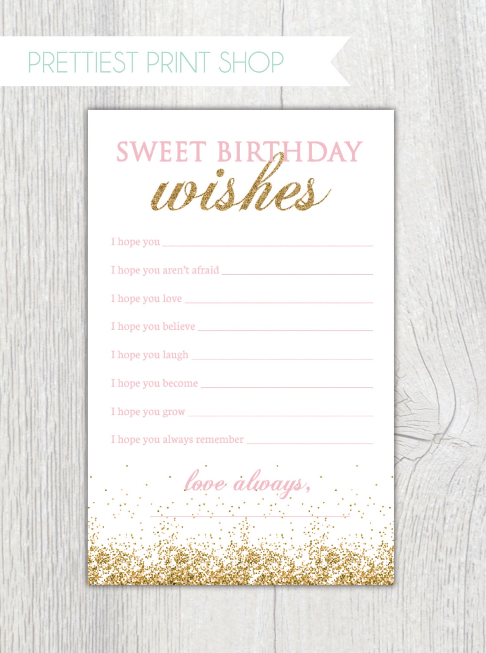 Printable Gold Glitter Wishes Sheet Pink and Gold Party - Etsy