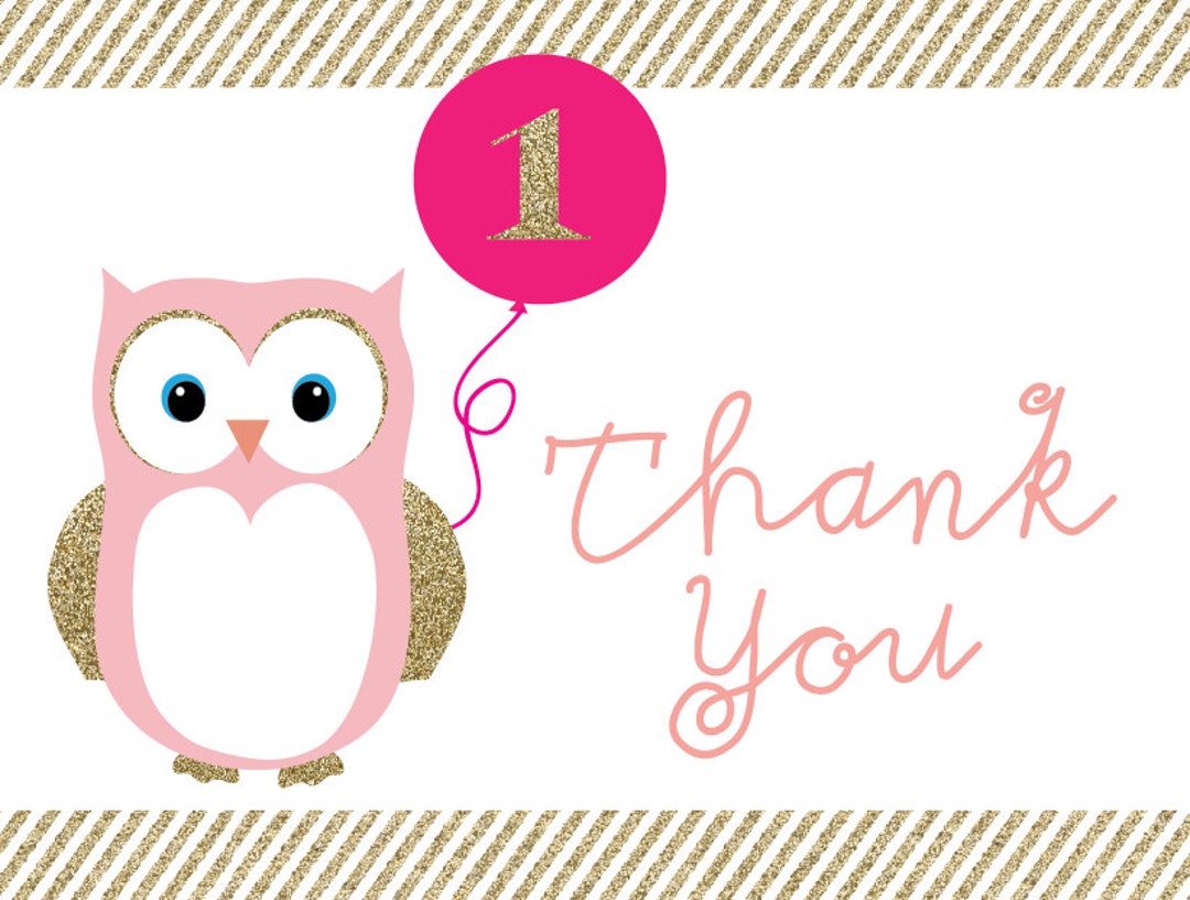 Printable Thank You Card Owl Party Pink and Gold Glitter Party First ...