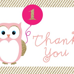 Printable Thank You Card Owl Party Pink and Gold Glitter Party First ...