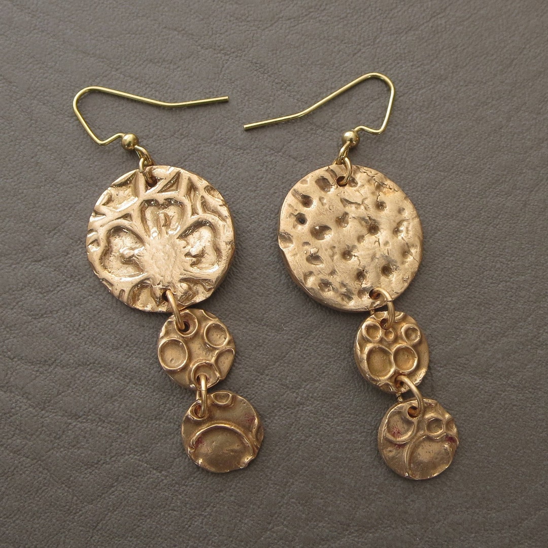 Textured Gold Triple Disc Dangle Drop Statement Earrings Handmade ...