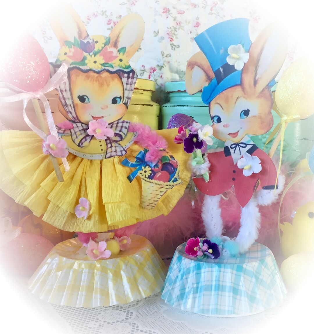 Easter Bunny Bunnies Spring Decor Vintage Style Bump Chenille Figure ...