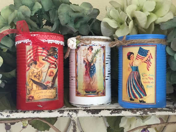 3 Americana Primitive Tin Cans Vases Shabby Chic Rustic - Etsy