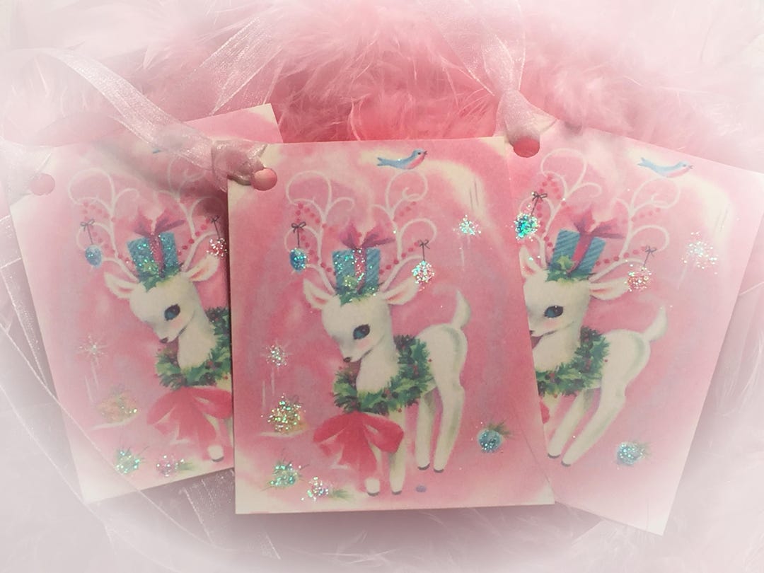Set of 9 Pink Christmas Vintage Style Adorable Reindeer Deer TAGS Pink ...