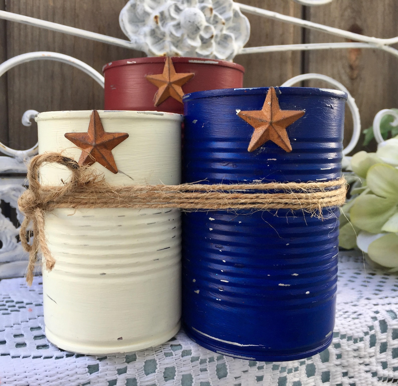 3 Rustic Americana Farmhouse Painted Tin Can Caddy Set Rusty Star ...