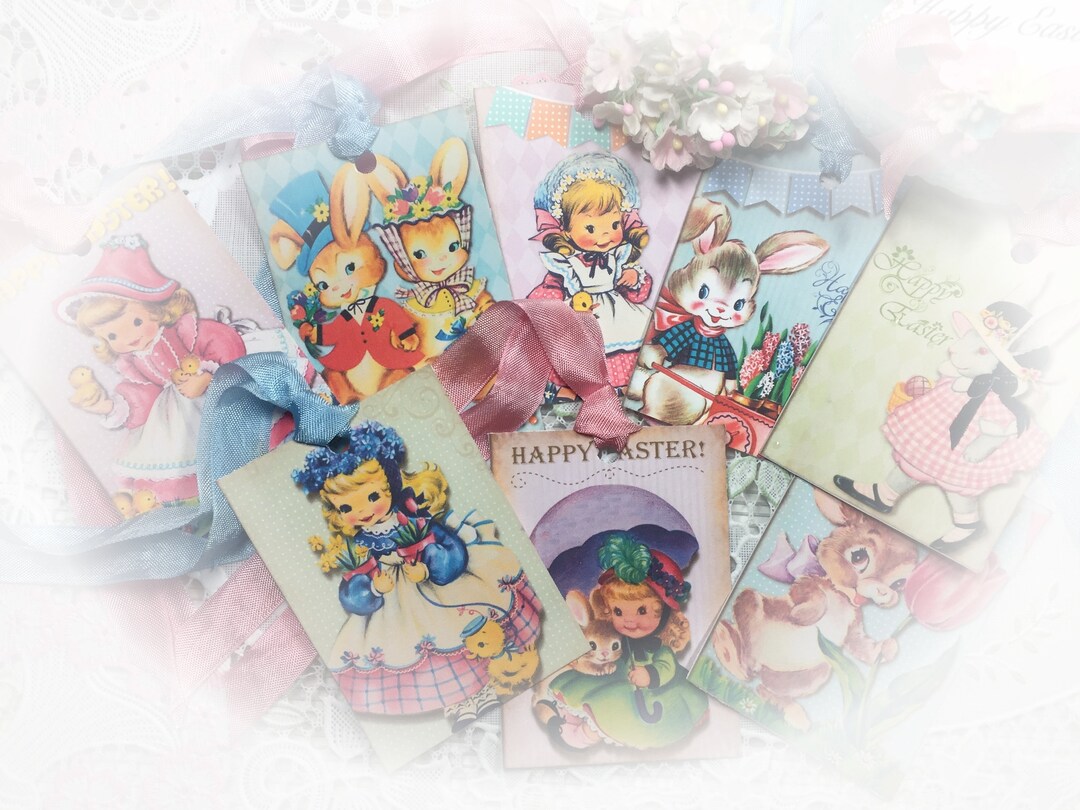 8 Vintage Easter New Handmade Gift Bag Tag Easter Basket Tags & Ribbon ...
