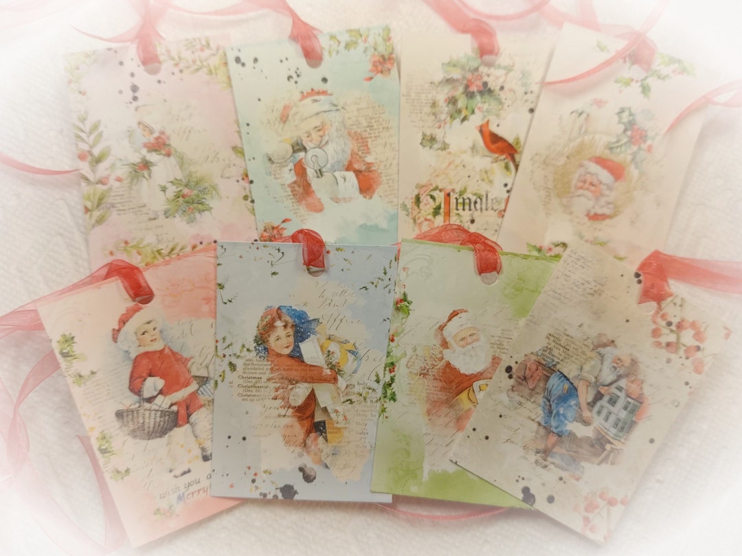 8 Victorian Style Traditional Christmas and Red Ribbons Gift Tags SET ...