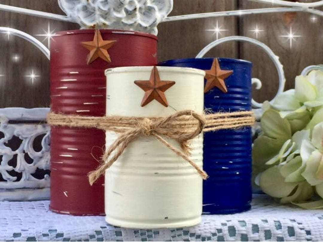 3 Rustic Americana Farmhouse Painted Tin Can Caddy Set Rusty Star ...