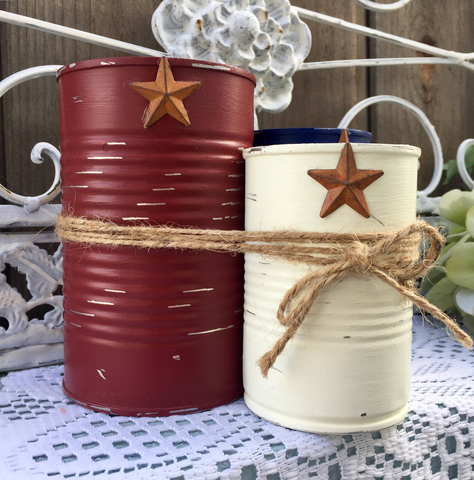 3 Rustic Americana Farmhouse Painted Tin Can Caddy Set Rusty Star ...