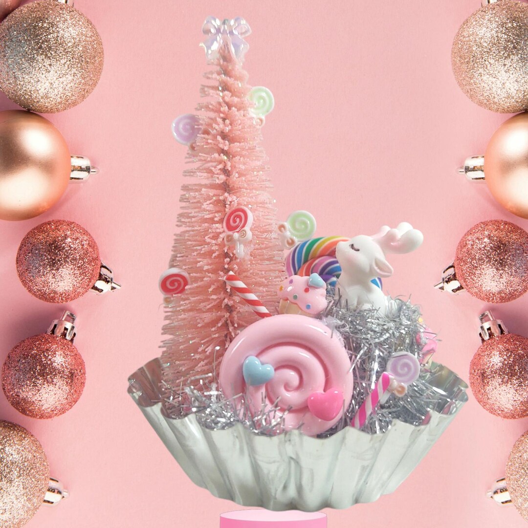 Pink Christmas Tree and Reindeer/fawn/deer Tart Tin Decor -vintage ...