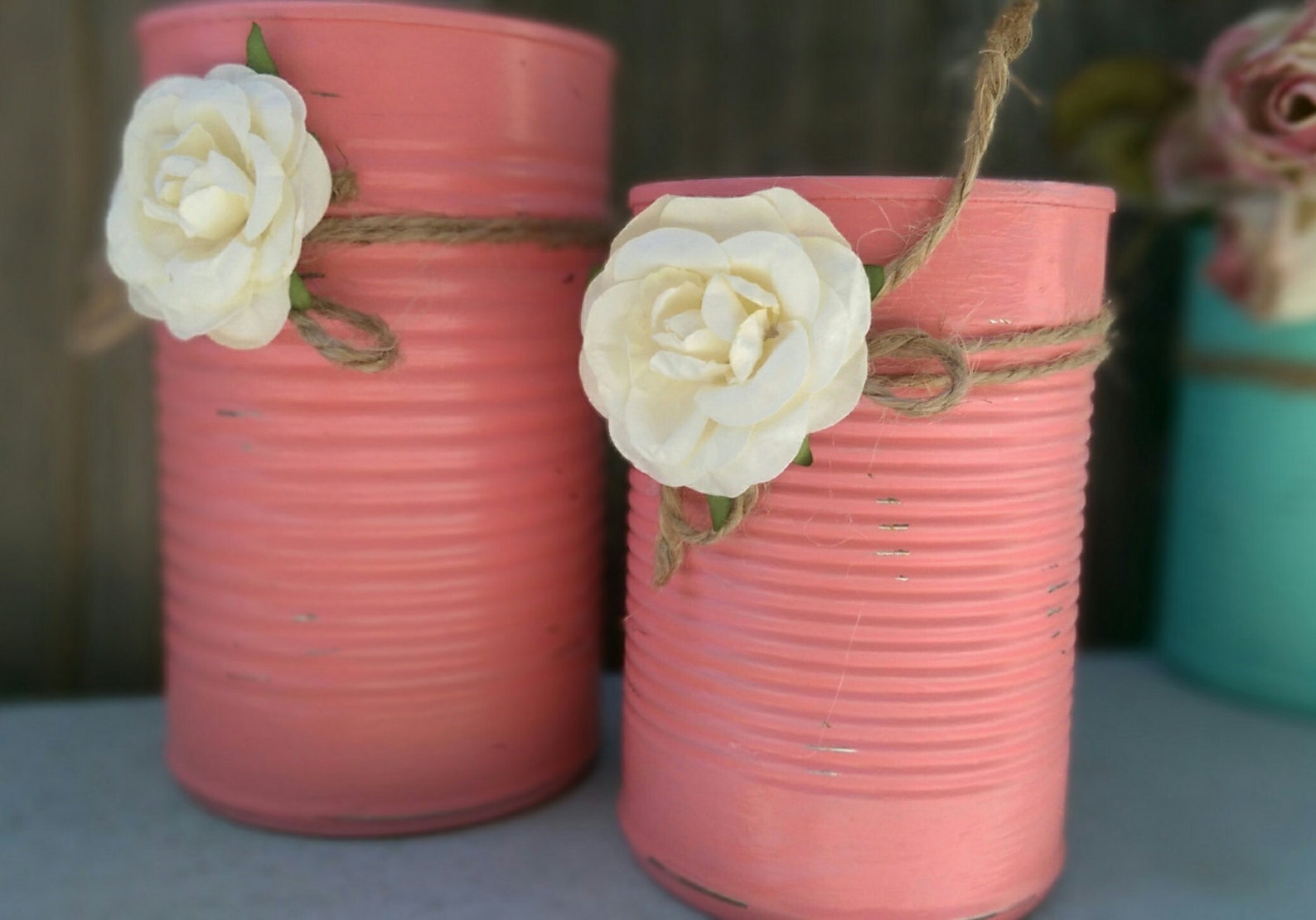 2 Coral Peach Shabby Chic Rustic Cans Tin Can Decor Shabby - Etsy