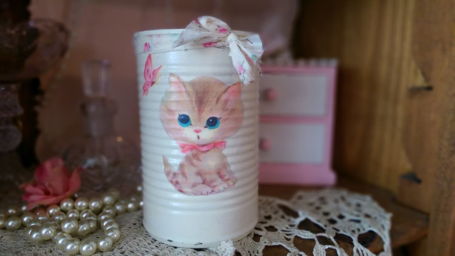 Retro Kitty Tin Can Ivory Vintage Cat Kitten Butterfly Flower Vase Baby ...