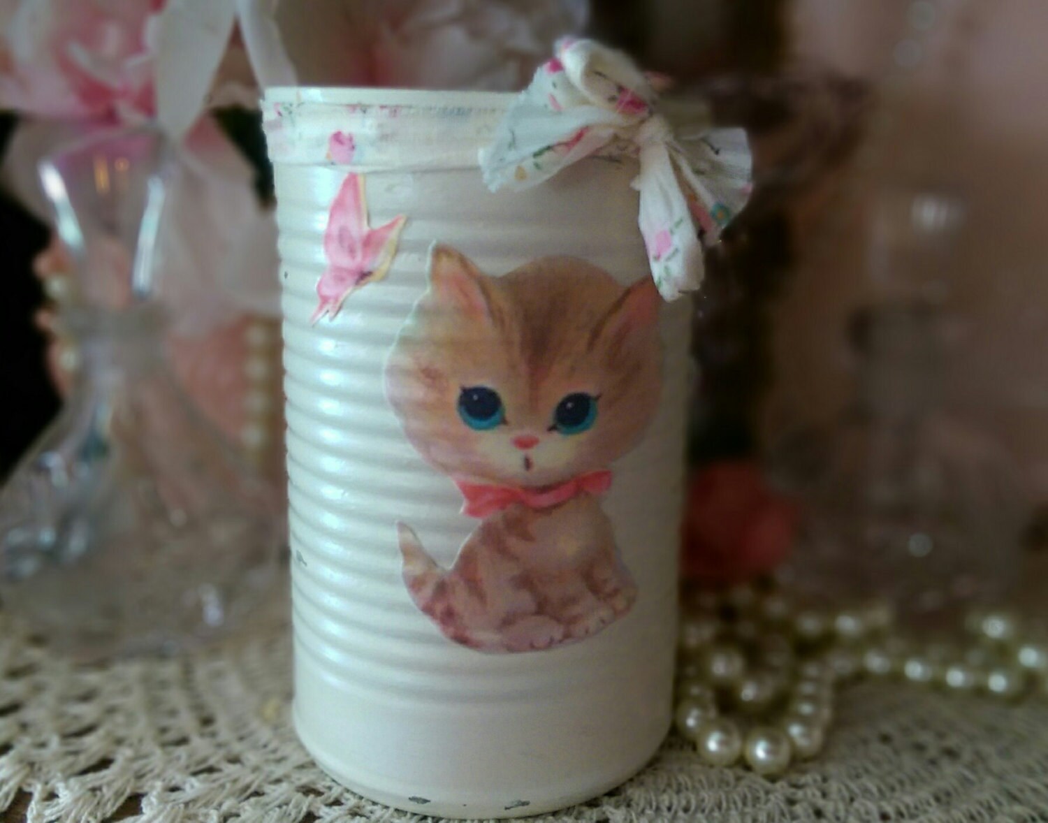 Retro Kitty Tin Can Ivory Vintage Cat Kitten Butterfly Flower - Etsy