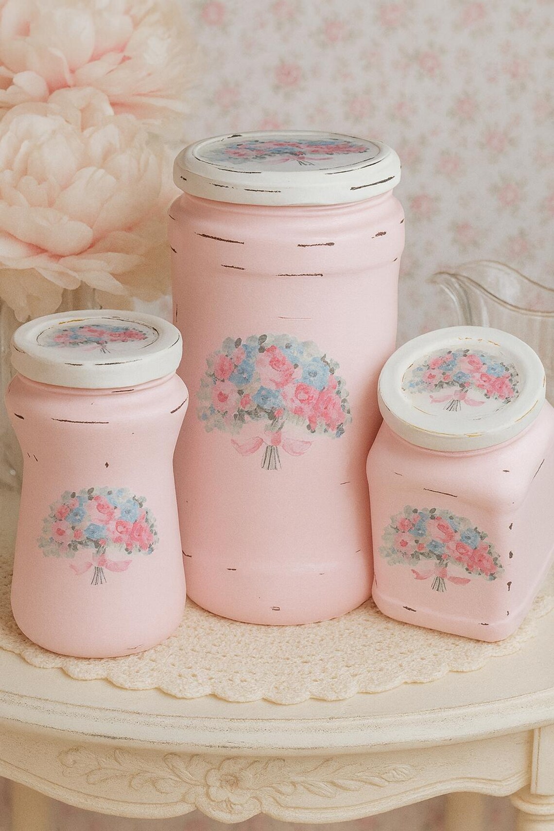 3 Shabby Chic Pink Vintage Glass Jars Canisters Decoupage Flower Floral ...