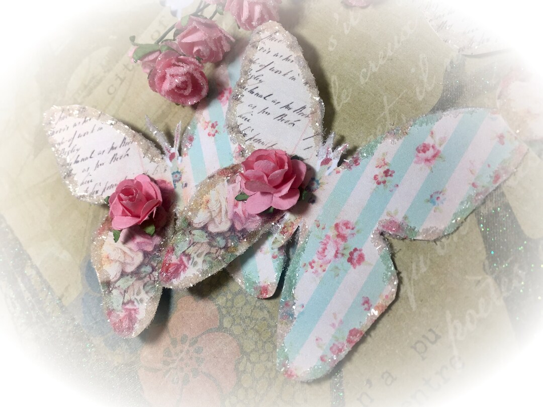 3 Shabby Chic Die Cut Butterflies Glass Glitter and Rose Butterfly ...
