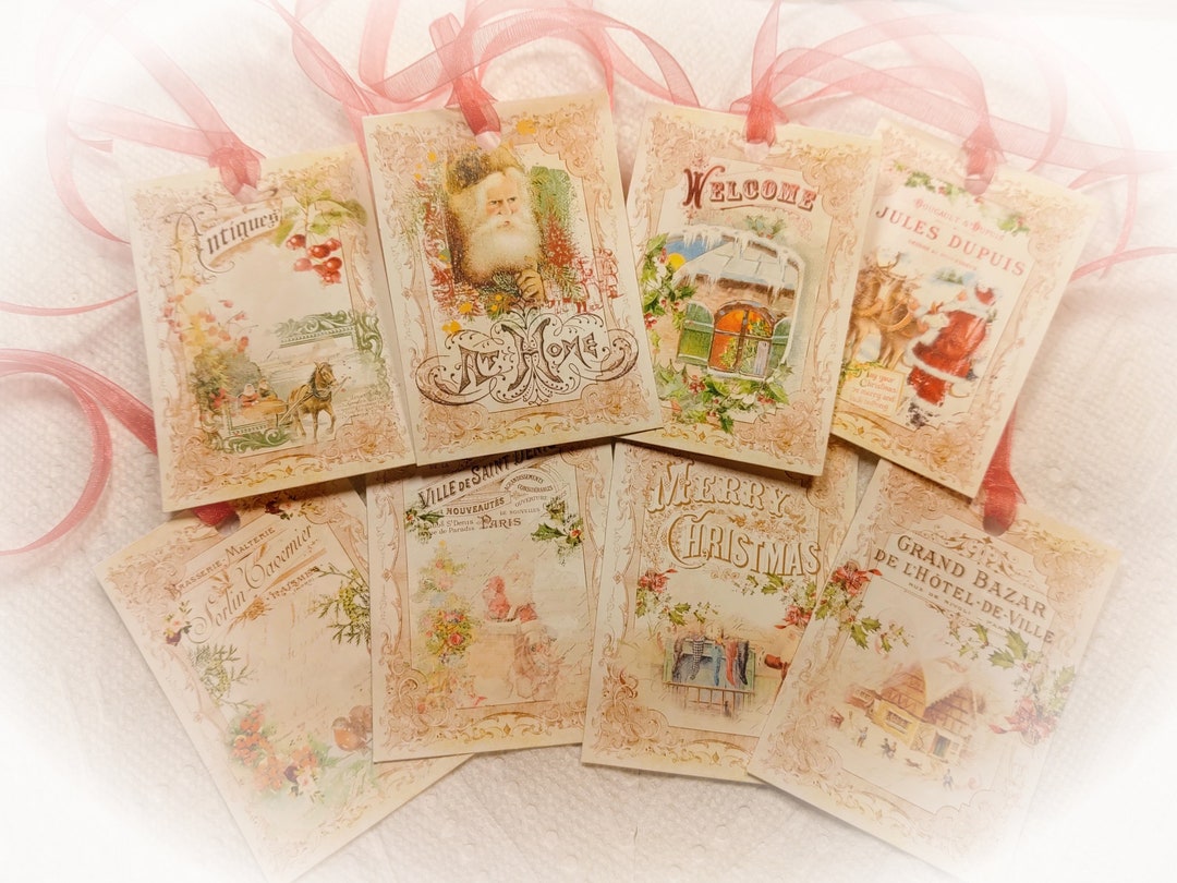 8 French Victorian Christmas and Red Ribbons Gift Tags SET OR Christmas ...