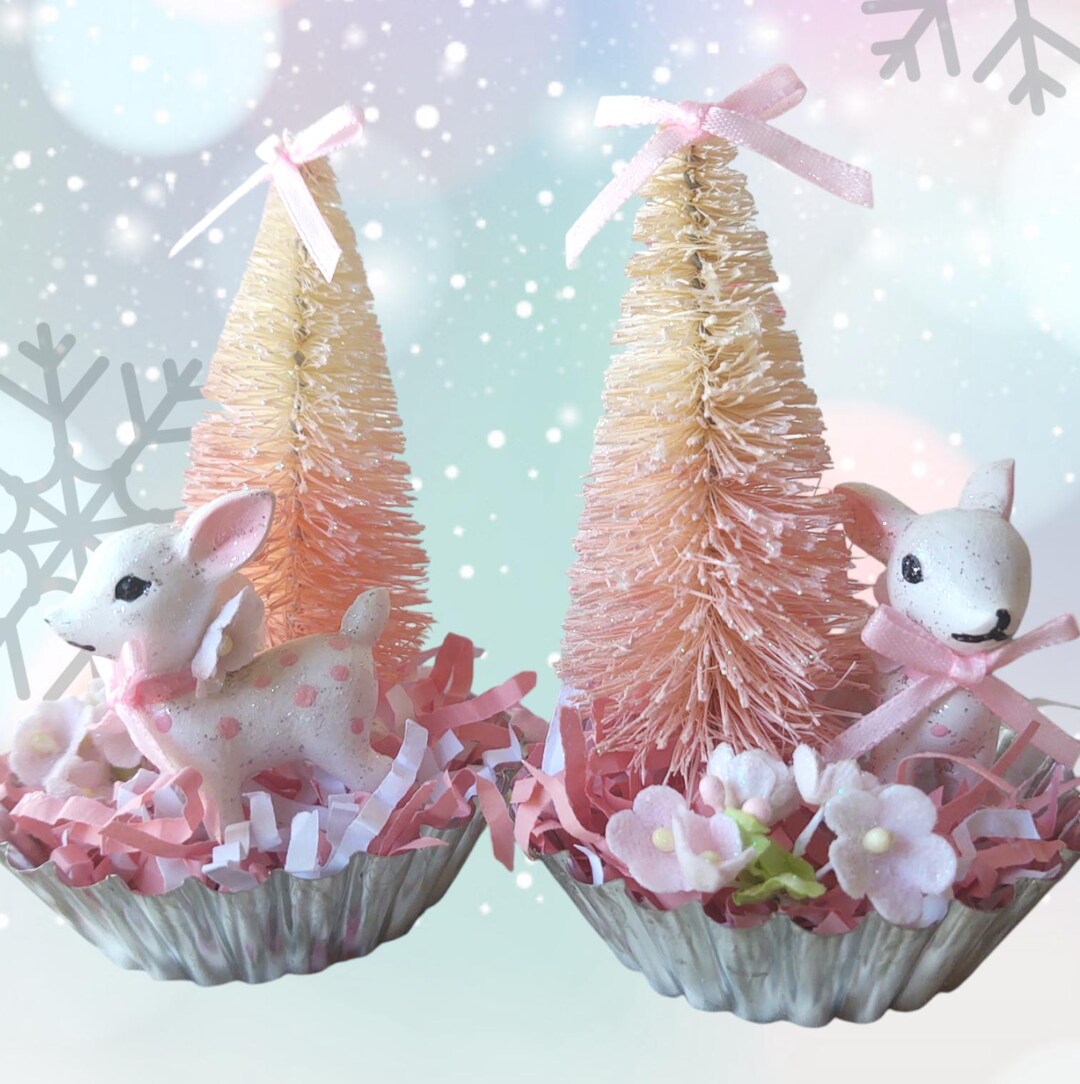 1 Pink Christmas Deer & Bottle Brush Tree Tart Tin Decoration - Kitschy ...