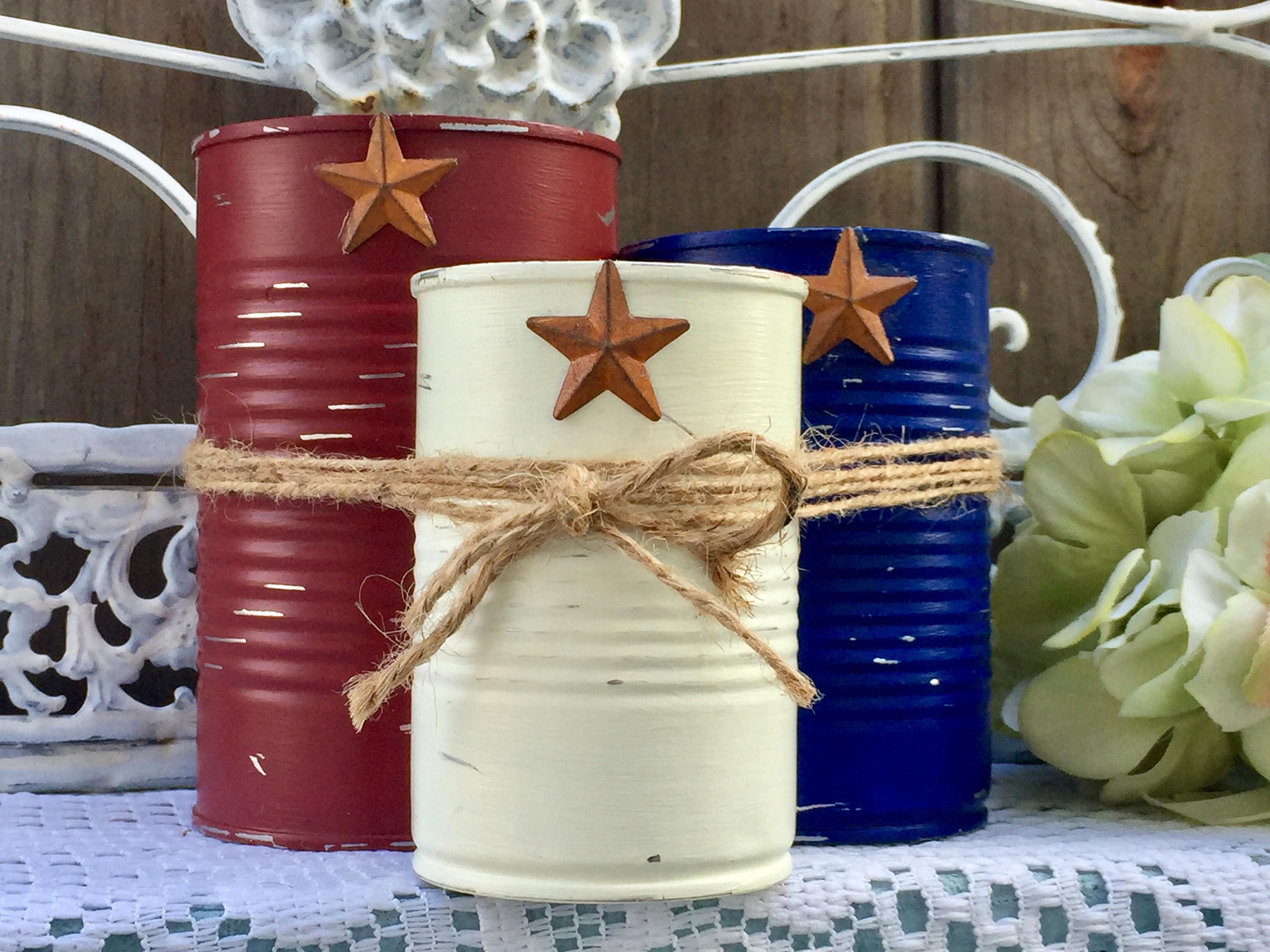3 Rustic Americana Farmhouse Painted Tin Can Caddy Set Rusty Star ...